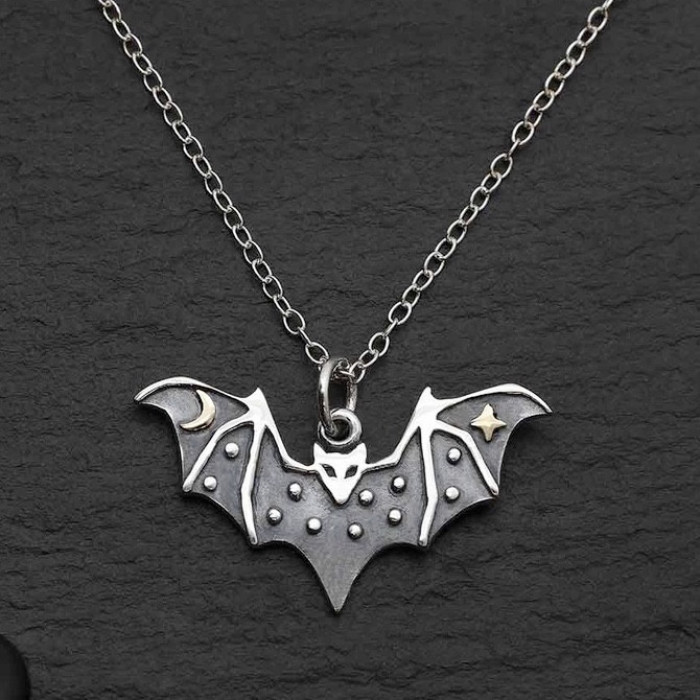 Sterling Sliver Bat Necklace with Bronze Star and Moon - 18 Inch Chain