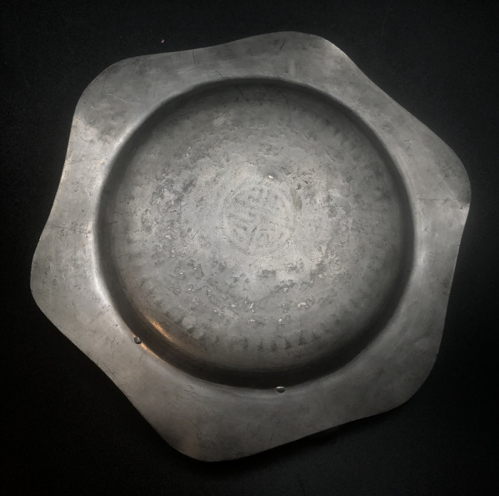 Pewter Dish With Glass Insets And Engraving
