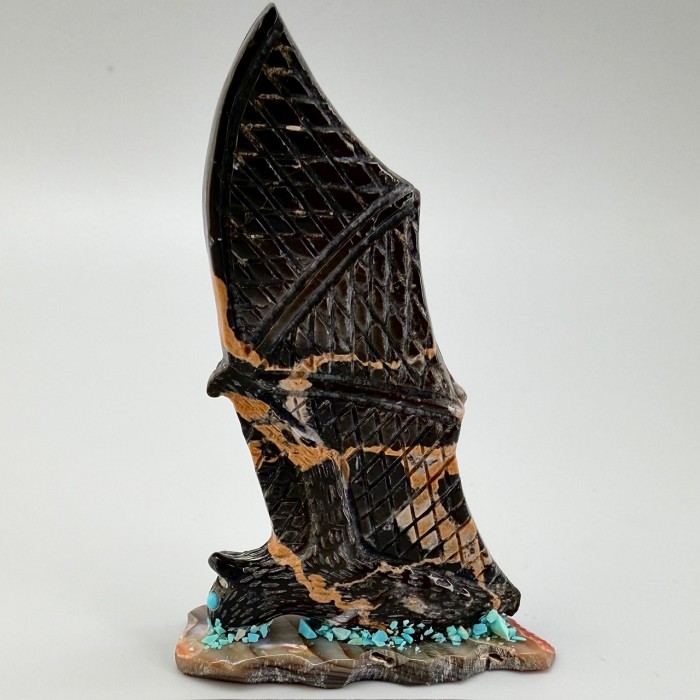 Egyptian Marble Bat on Abalone Shell Base By Zuni Artist Eric Lonjose