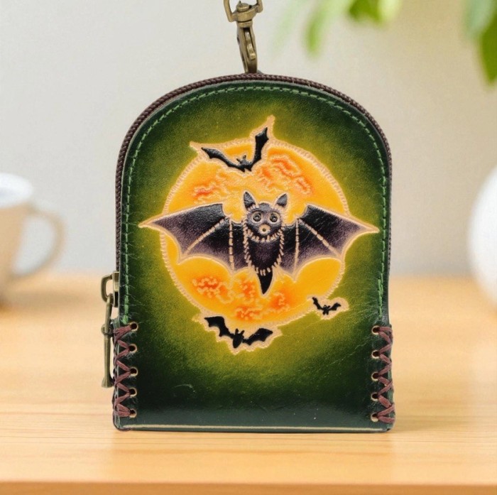 Handmade Leather Bats And Moon Coin Purse Wristlet