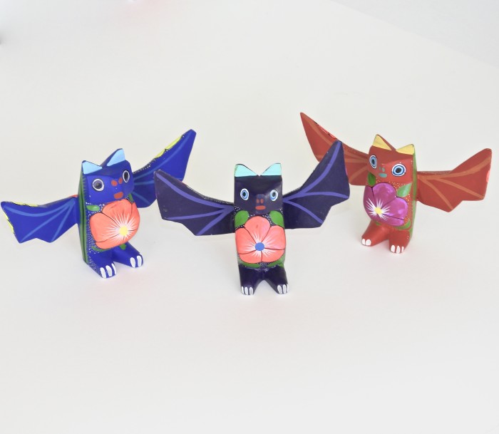 Large Standing Flower Chested Oaxacan Carved Bat Figures By Matias Ramirez
