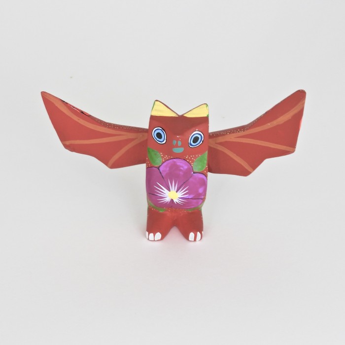 Large Standing Flower Chested Oaxacan Carved Bat Figures By Matias Ramirez