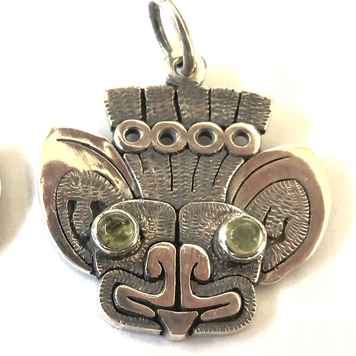 Silver Aztec Bat Design Pendant - Stone Eyes Bat